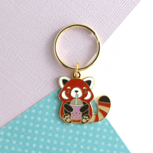 Bubble Tea Red Panda Enamel Keychain