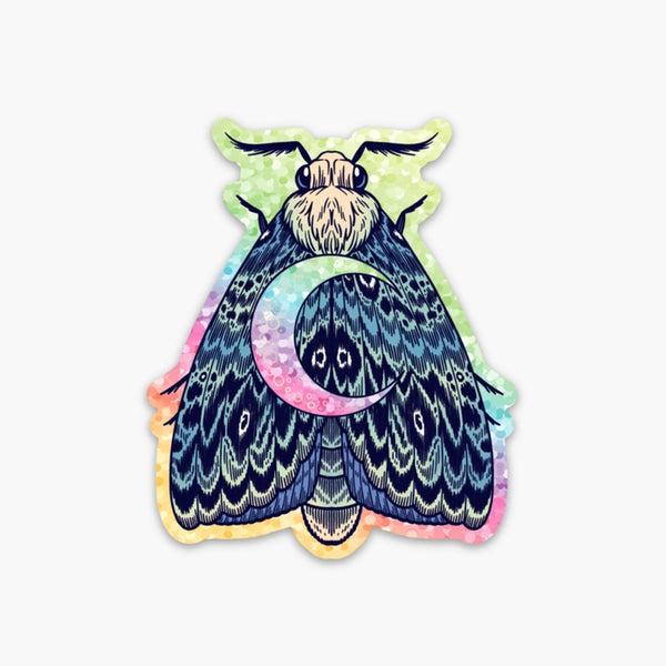 Crescent Moon Moth Glitter Sticker