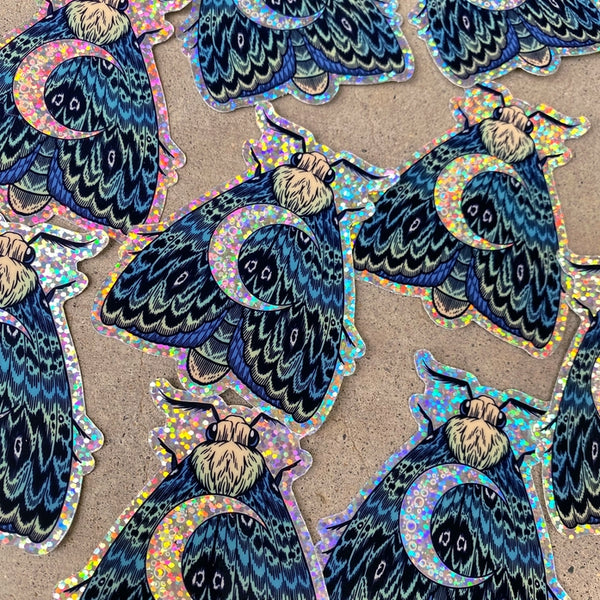 Crescent Moon Moth Glitter Sticker