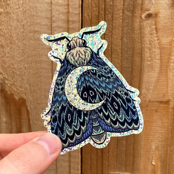 Crescent Moon Moth Glitter Sticker