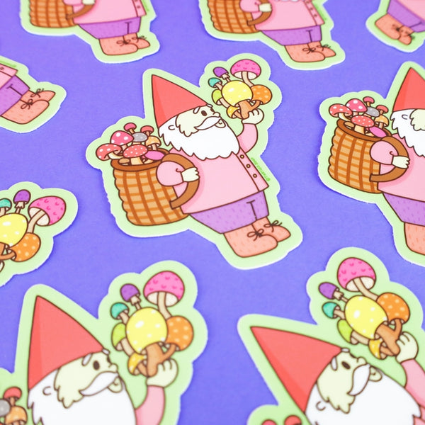 Gnome Gathering Mushrooms Vinyl Sticker