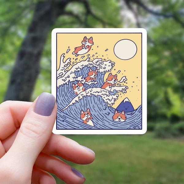 Corgi Japanese Big Wave Art Inspired Sticker